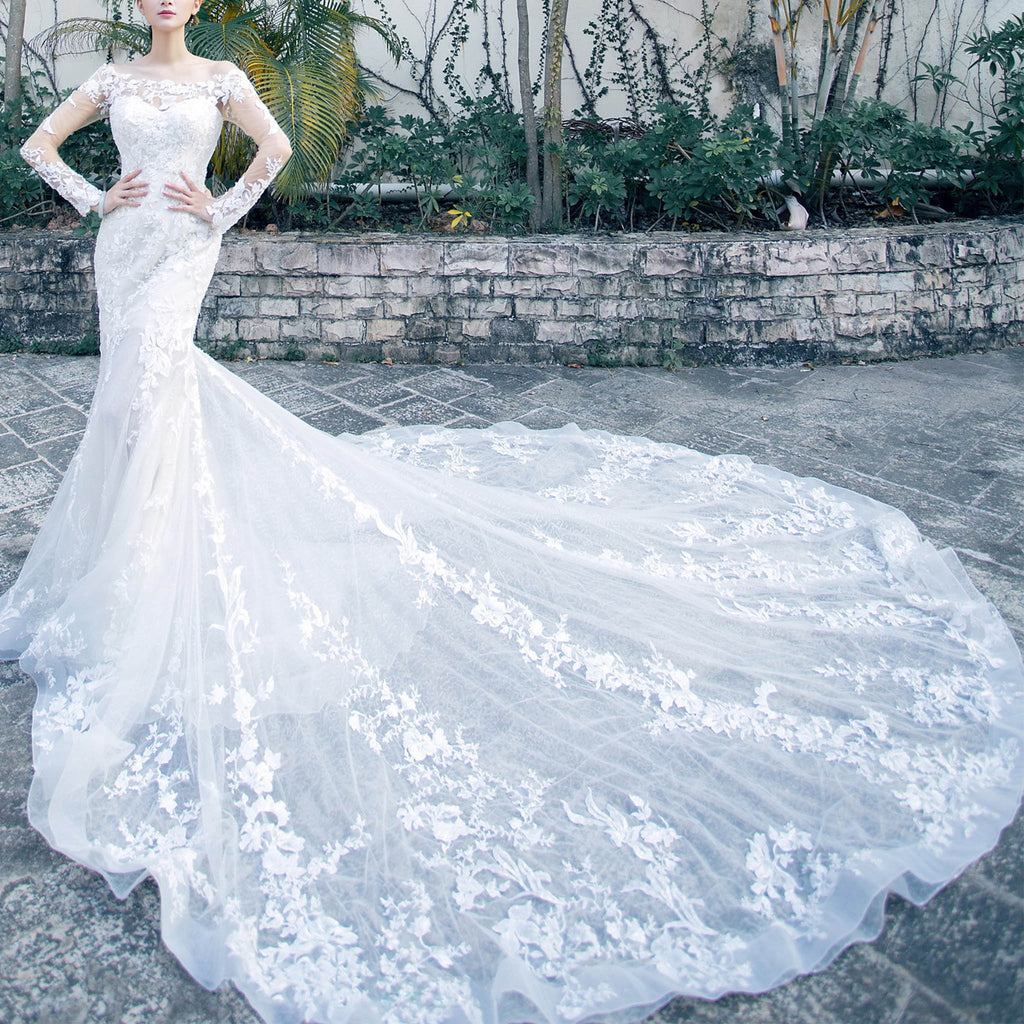 Sheer Long Sleeve Mermaid Wedding Dress with Lace Covered – Rosymae