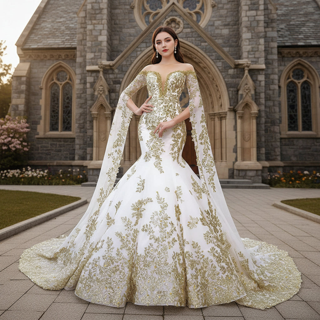 Gorgeous High-end Trumpet Wedding Dress with Long Cape Sleeve – Rosymae