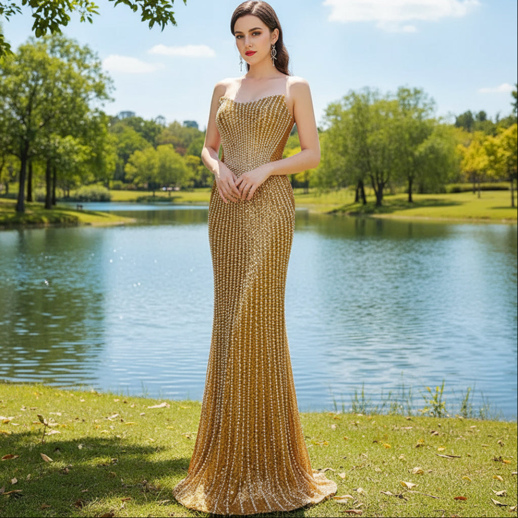 Strapless Gold Sheath Pearl Prom Dress with Boat Neckline – Rosymae