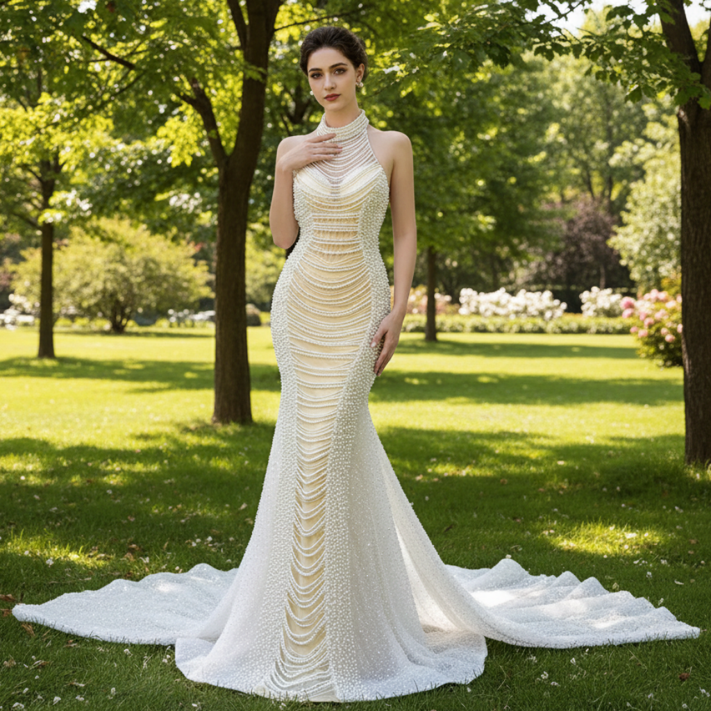 Sheer Pearl Mermaid Wedding Dress with Halter Neck Bridal Dress – Rosymae