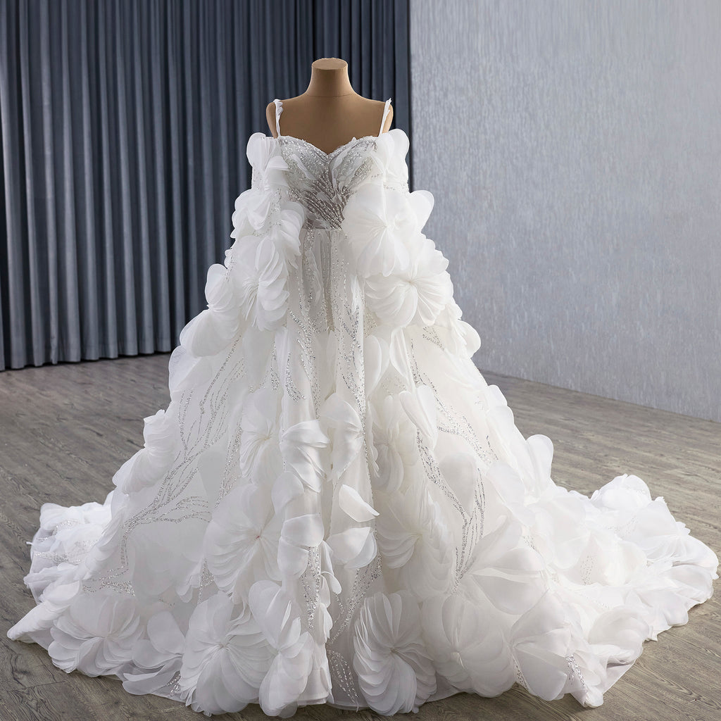 Luxury Spaghetti Straps Ball Gown Wedding Dress with Detachable Cape