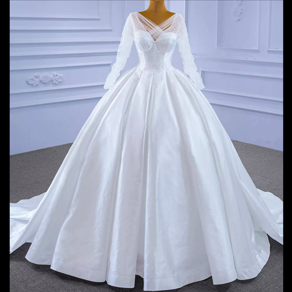 Simple Modest Satin Puffy Wedding Dress with Long Sleeves – Rosymae