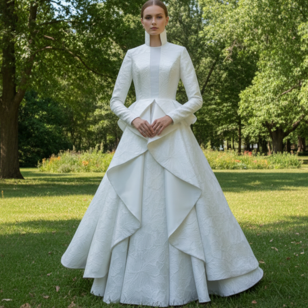 1920s Vintage Unique Design Ruffle Skirt Long Sleeve Wedding Dress wit ...