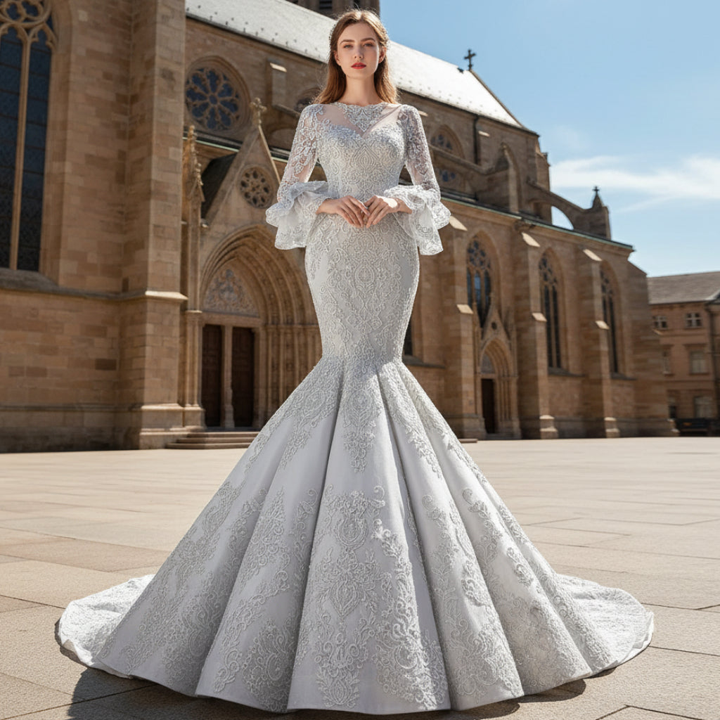 Trumpet Lace Overlay Wedding Dress With Long Sleeve – Rosymae