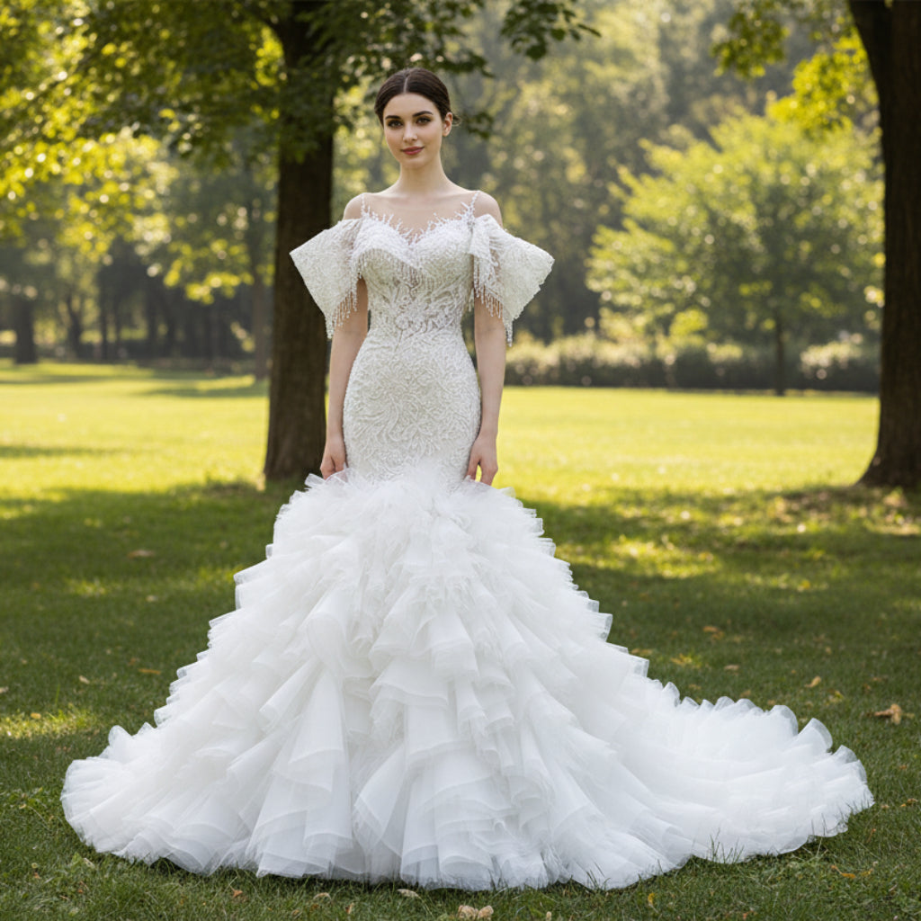 Luxury Trumpet Ruffle Wedding Dress with Detachable Skirt