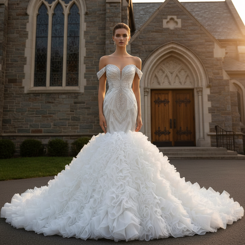 Luxury Ruffled Beaded Mermaid Wedding Dress with Off the Shoulder – Rosymae