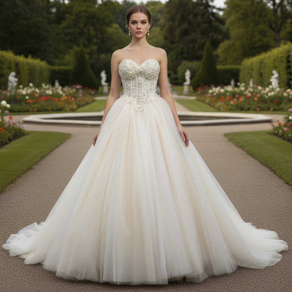 Princess Waist with Luxury Pearl Ball Gown Bride Wedding Dress – Rosymae