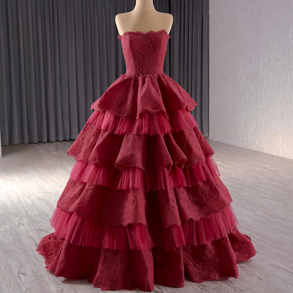 Strapless Multi Tiered & Ruffled Prom Dresses with Floral Lace