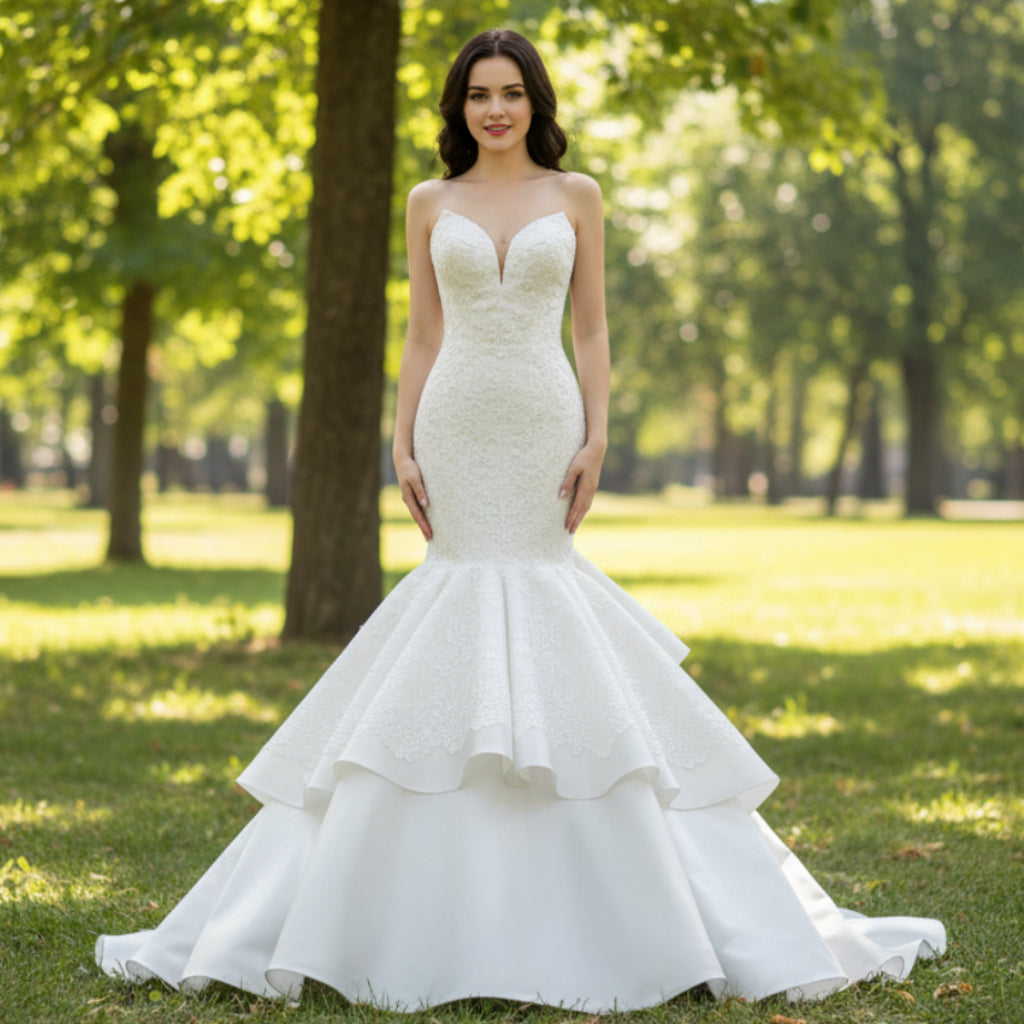 High-end Trumpet Wedding Dress Strapless Lace Appliqued Wedding Gown ...