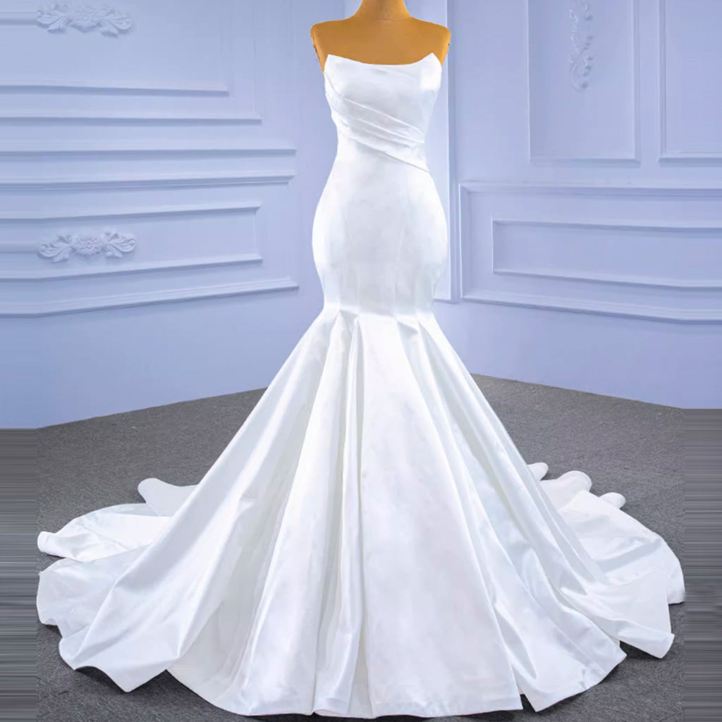 Simple Strapless Satin Trumpet Boat Neck Wedding Dress – Rosymae