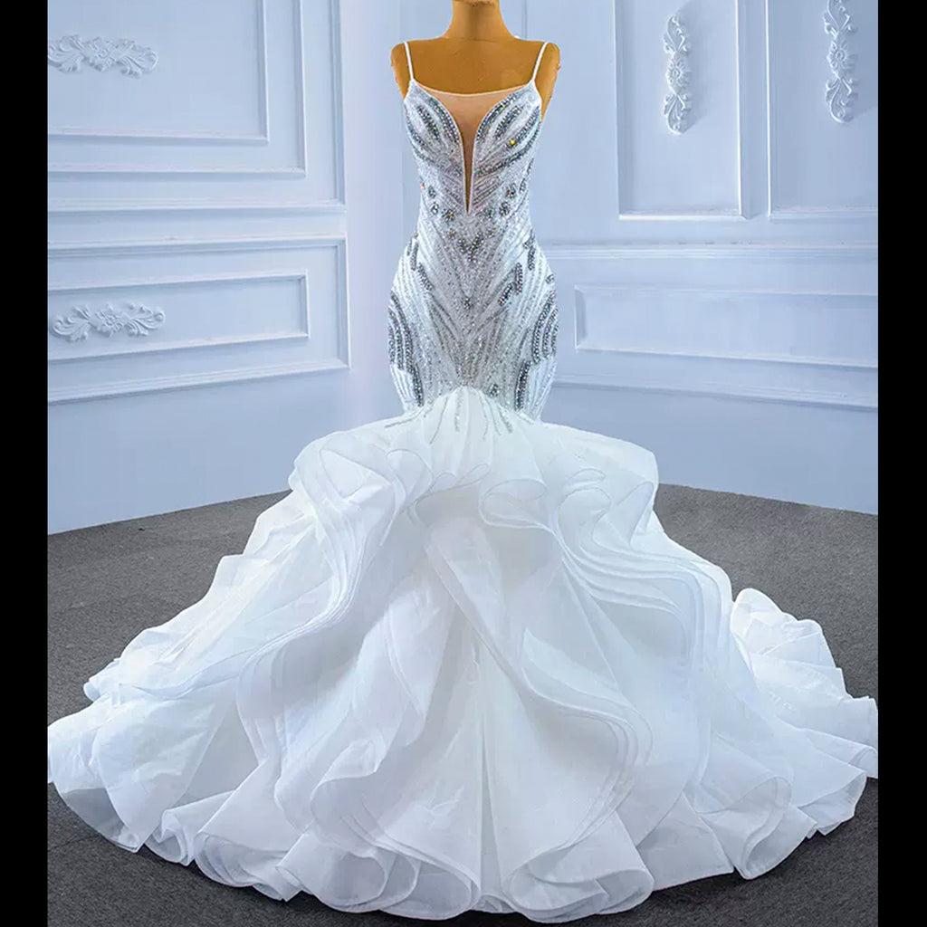 Beaded Spaghetti Strap Mermaid Wedding Dress with Ruffle Skirt – Rosymae