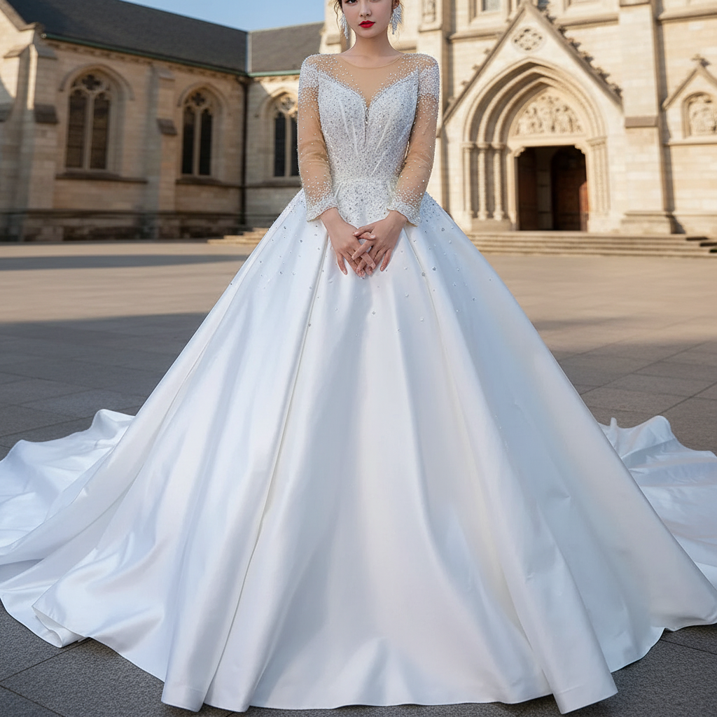 Sheer Long Sleeve Satin Ball Gown Wedding Dress with Sheer Neck – Rosymae