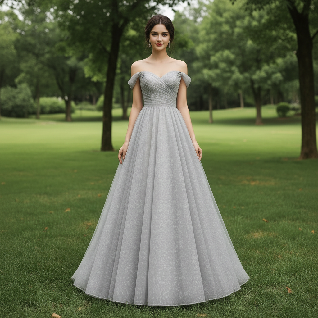 Off-Shoulder A-Line Sparkly Tulle Prom Dress with Vneck – Rosymae