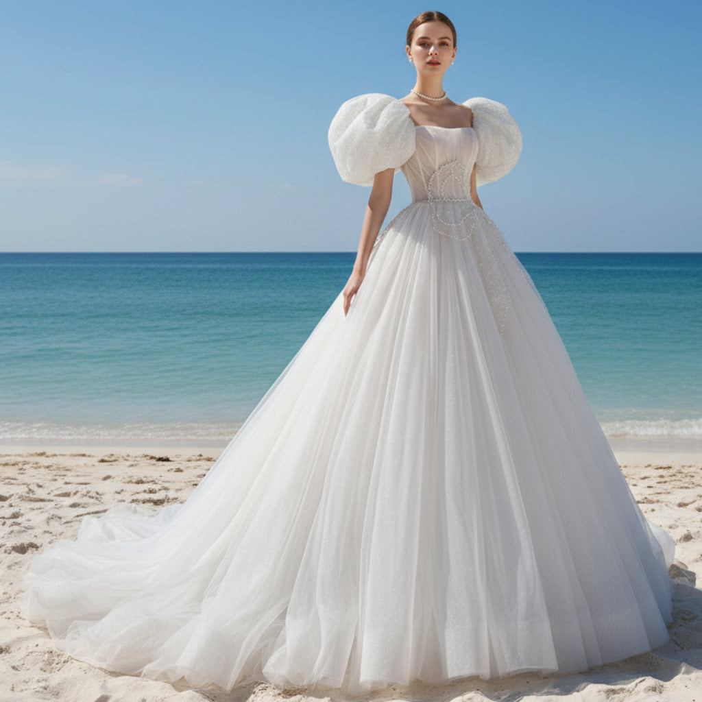 Puffy Short Sleeve Ball Gown Tulle Wedding Dress with Low Back – Rosymae