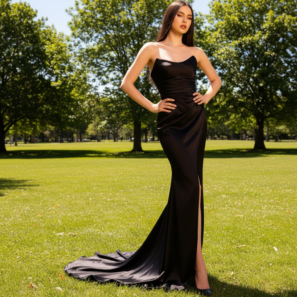 Glamorous Black Boat Mermaid Prom Dress with Leg Slit – Rosymae