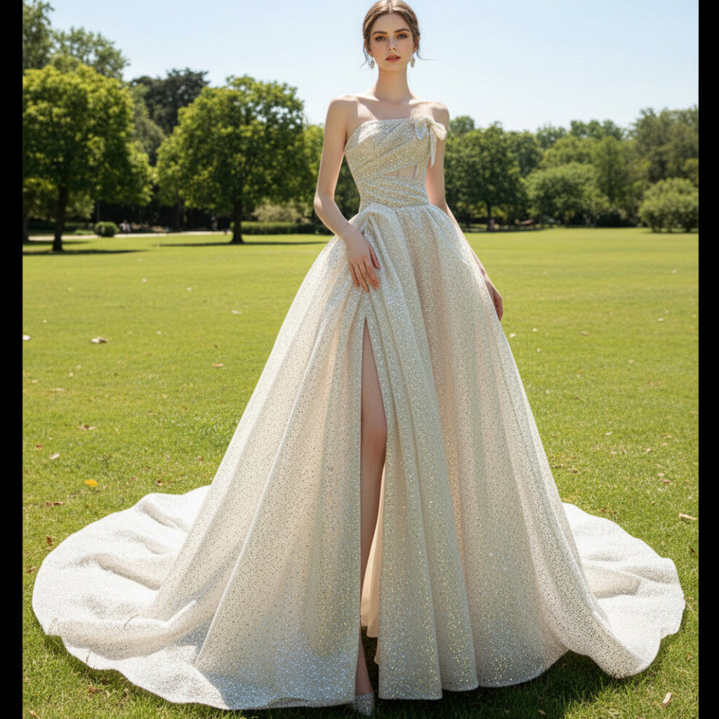 Sparkly Glitter Champagne Wedding Dresses with Leg Slit – Rosymae