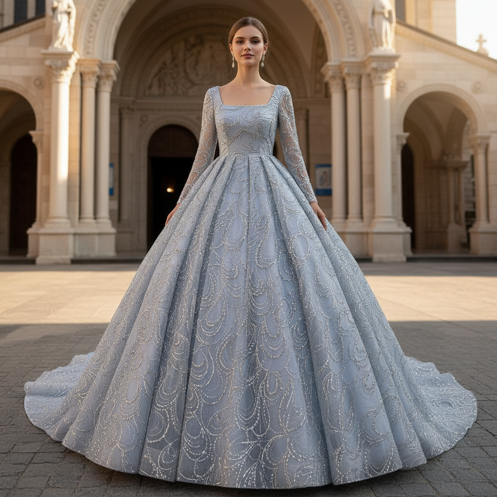 Long Sleeve Sparkly Baby Blue Wedding Dress with Square Neck – Rosymae