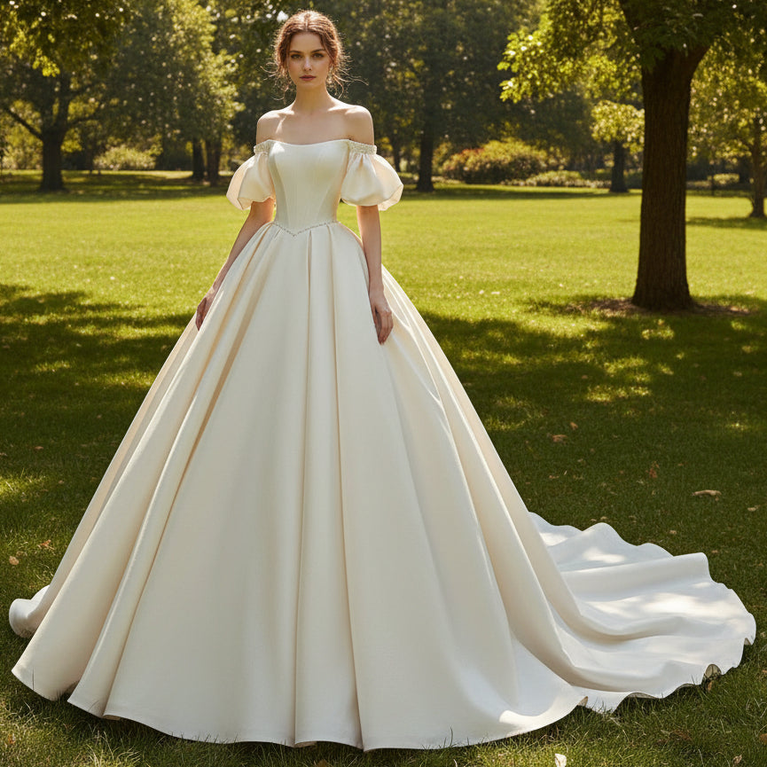 Off Shoulder Champagne Satin Wedding Dress with Short Sleeve – Rosymae