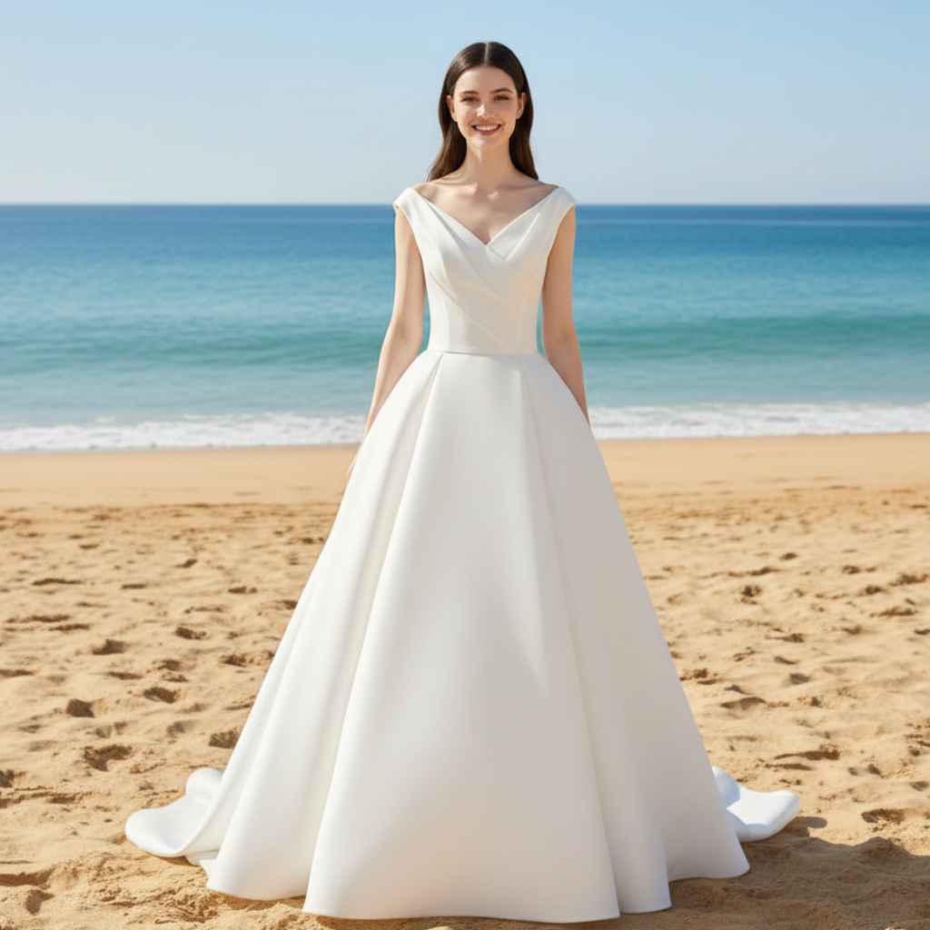 Simple Off the Shoulder V-neck Satin Wedding Dress – Rosymae