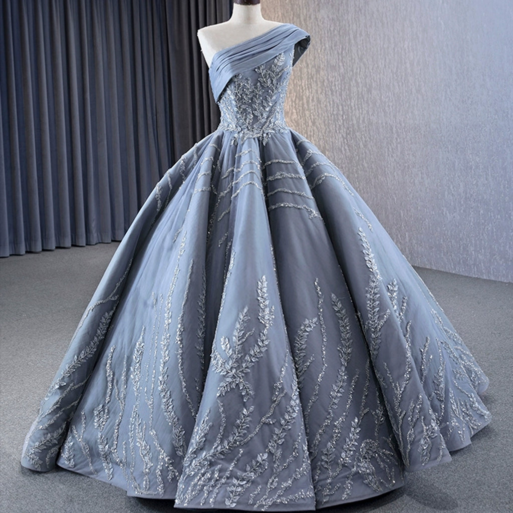 Unique Gray Ball Gown Formal Gown Prom Dress with One Shoulder – Rosymae