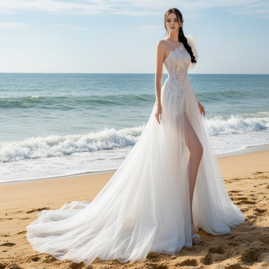 Elegant One Shoulder Long Sleeve Wedding Dresses with Leg Slit – Rosymae