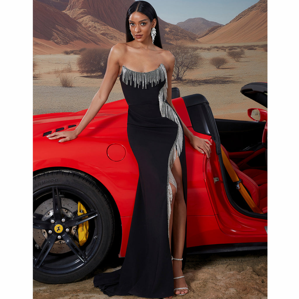 Scoop Neck Black Crystal Embellished High Leg Slit Prom Gown BP045 ...