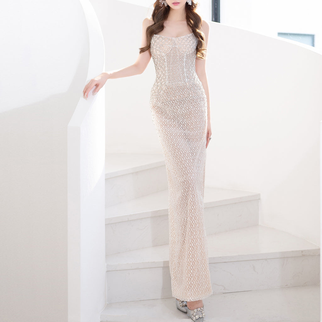 Sheer Crystals Sparkly Mermaid Evening Dress with Leg Slit – Rosymae