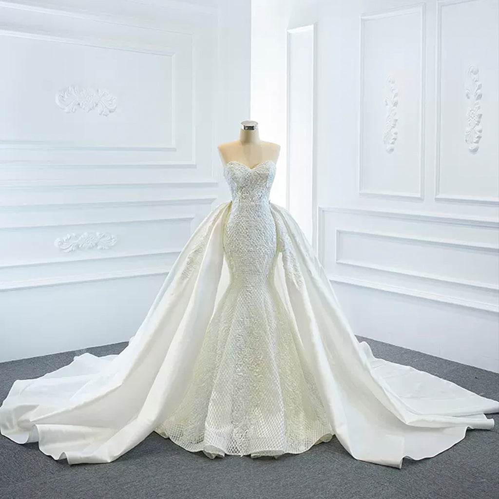 Princess Vneck Trumpet Lace Wedding Dress with Detachable Train – Rosymae