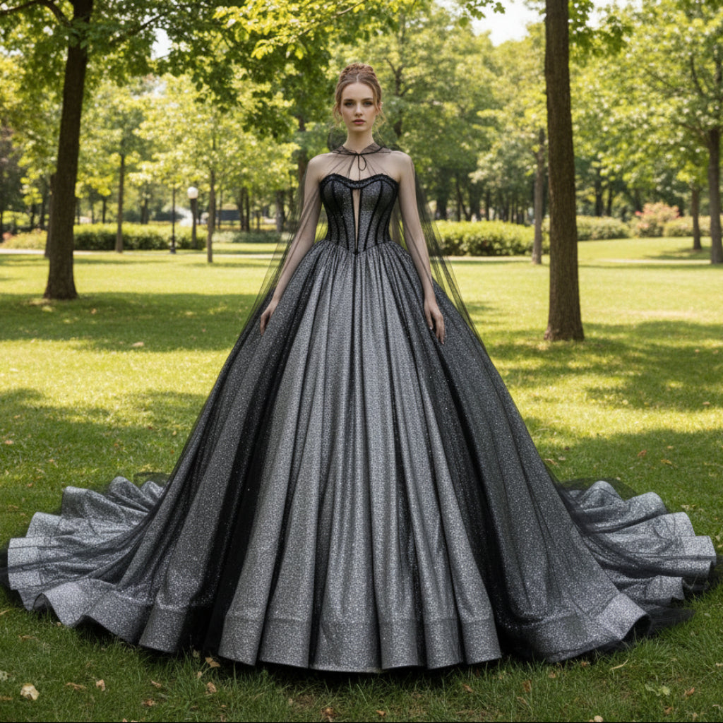 Robe de bal sans bretelles robes de mariée noires avec cape – Rosymae