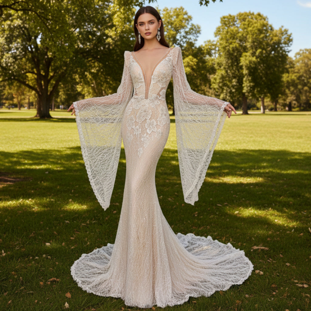 Unique Boho Lace Wedding Dress with Open Backless Back