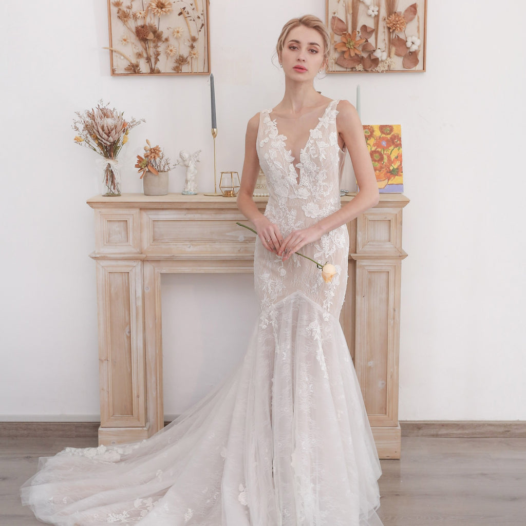 Open Mermaid Wedding Dress Bridal Gown with Plunging – Rosymae