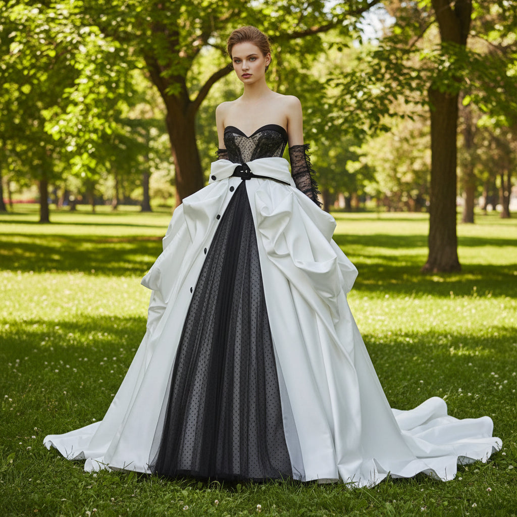 Unique Black Mesh Wedding Dress with Detachable Train – Rosymae