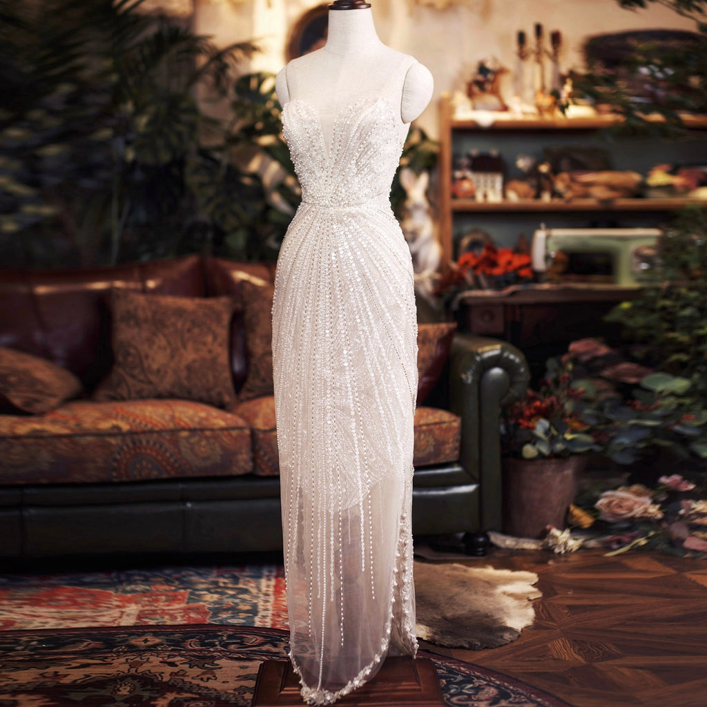 Sweetheart Sparkly Sheer Sheath Wedding Dress with Leg Slit – Rosymae
