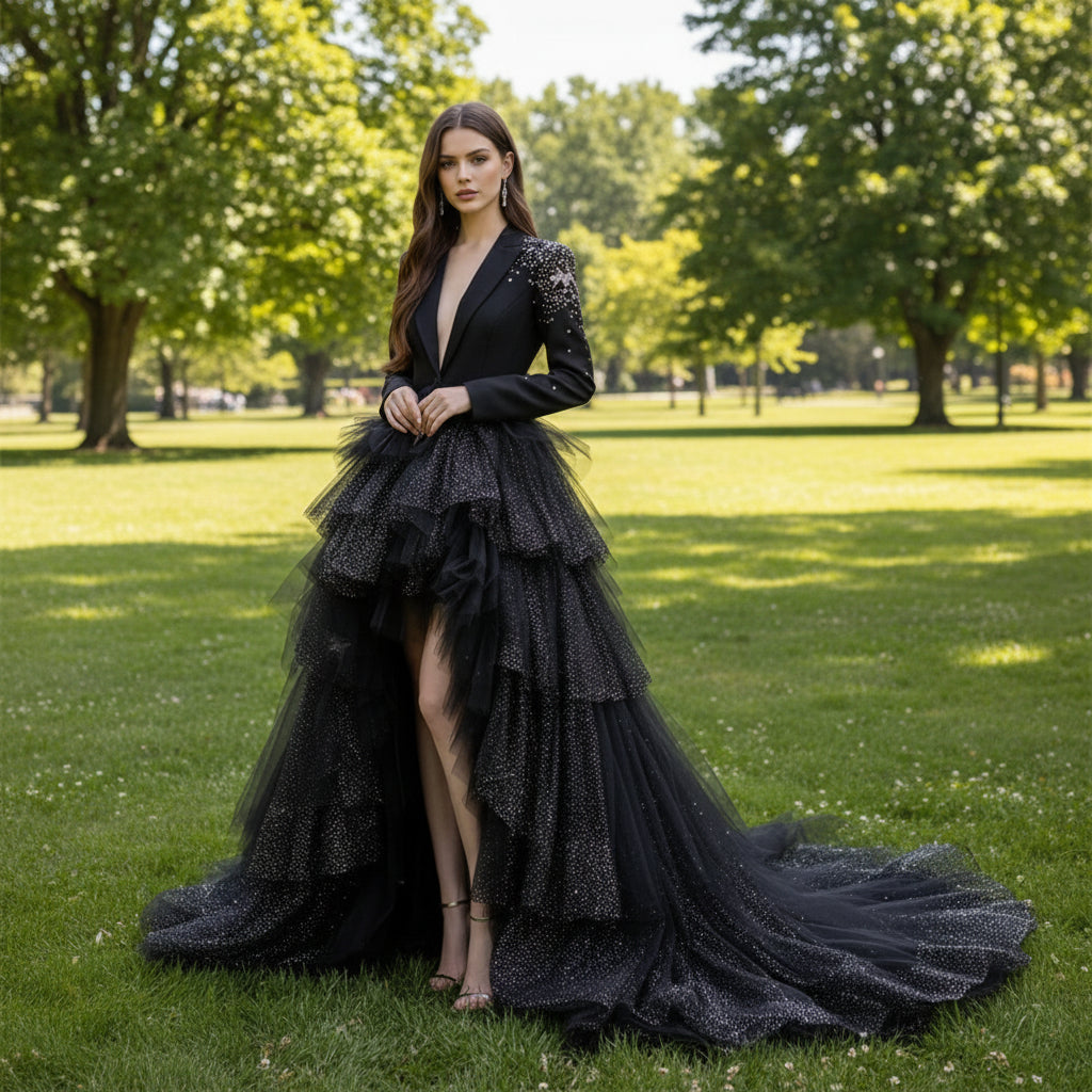 Hi-lo Black Dress in Wedding Long Sleeve V-neck Evening Dress – Rosymae
