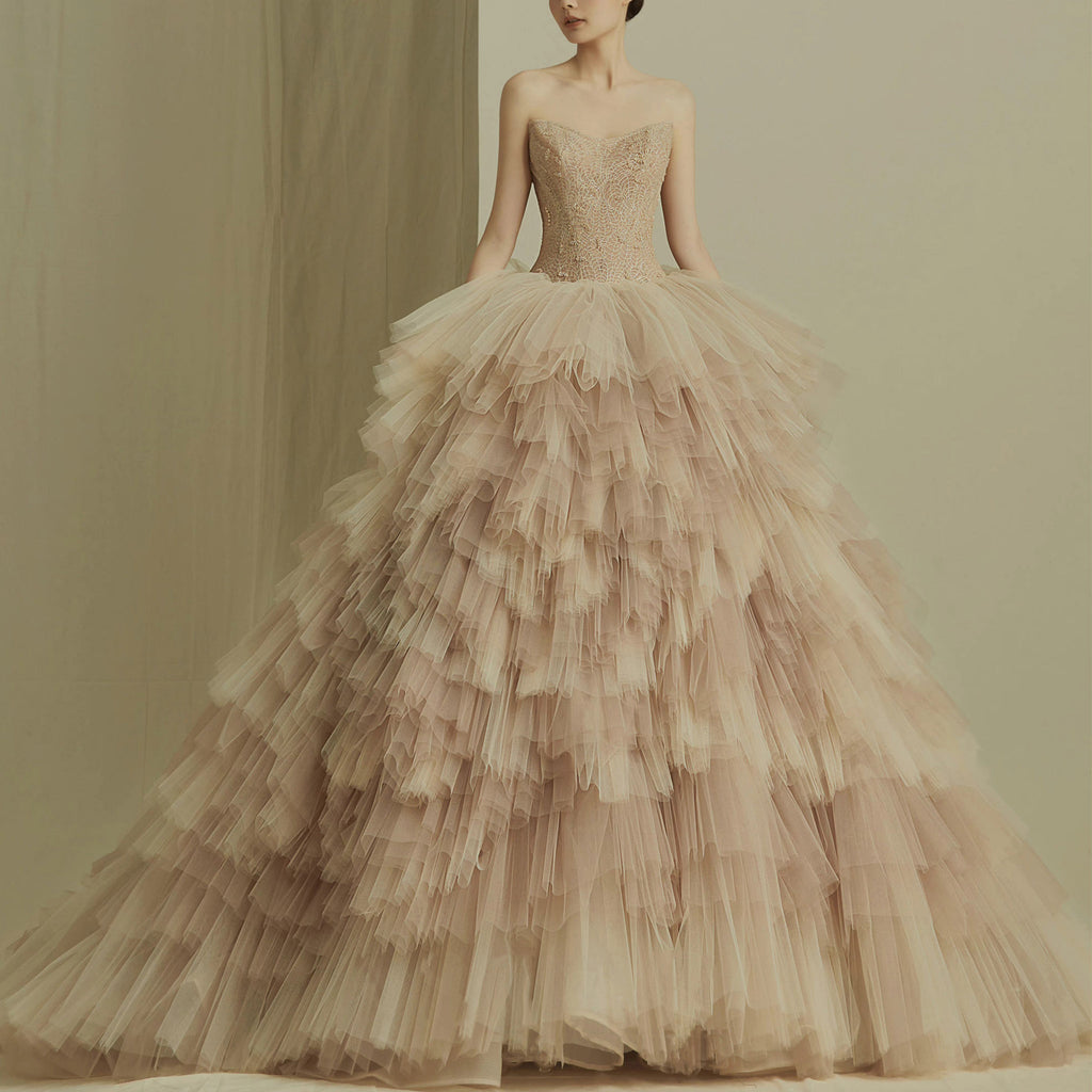 Luxury Multi Layer Tulle Wedding Dress with Detachable Wrap – Rosymae