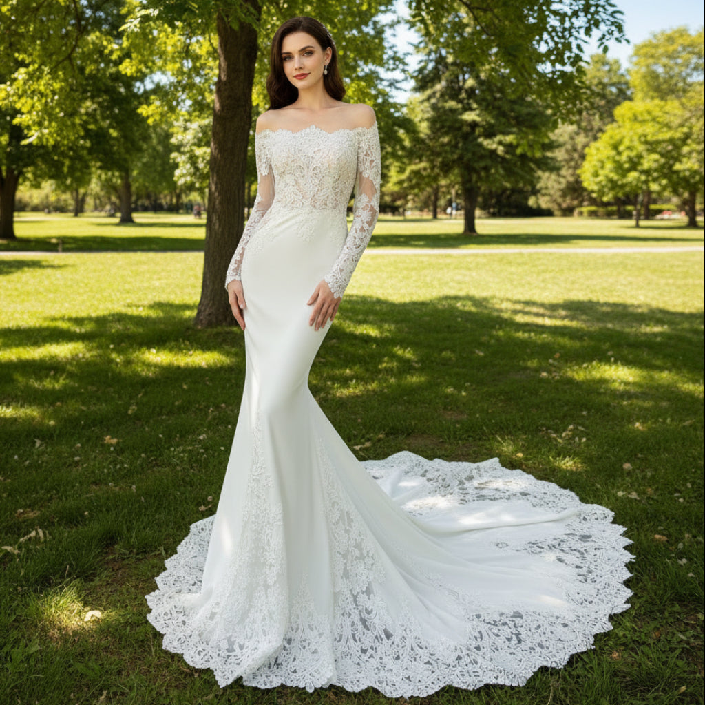 Sheer Lace Mermaid Wedding Dress with Asymmetrical Neckline – Rosymae