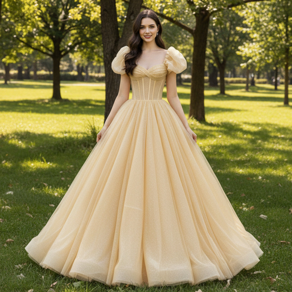 Short Puffy Sleeve Gold Formal Dress Prom Party Gown for Women – Rosymae