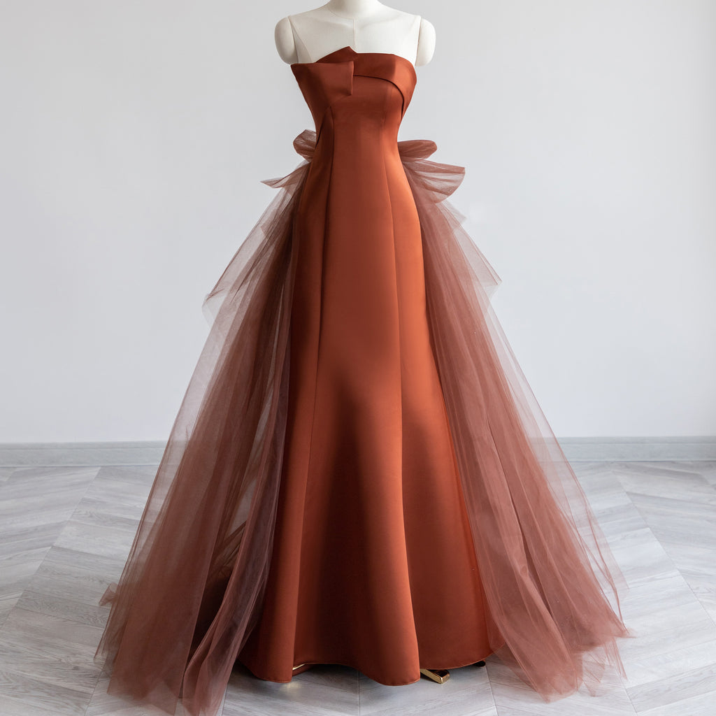Asymmetrical Neck Rusty Formal Dress Tulle Party Prom Gown – Rosymae