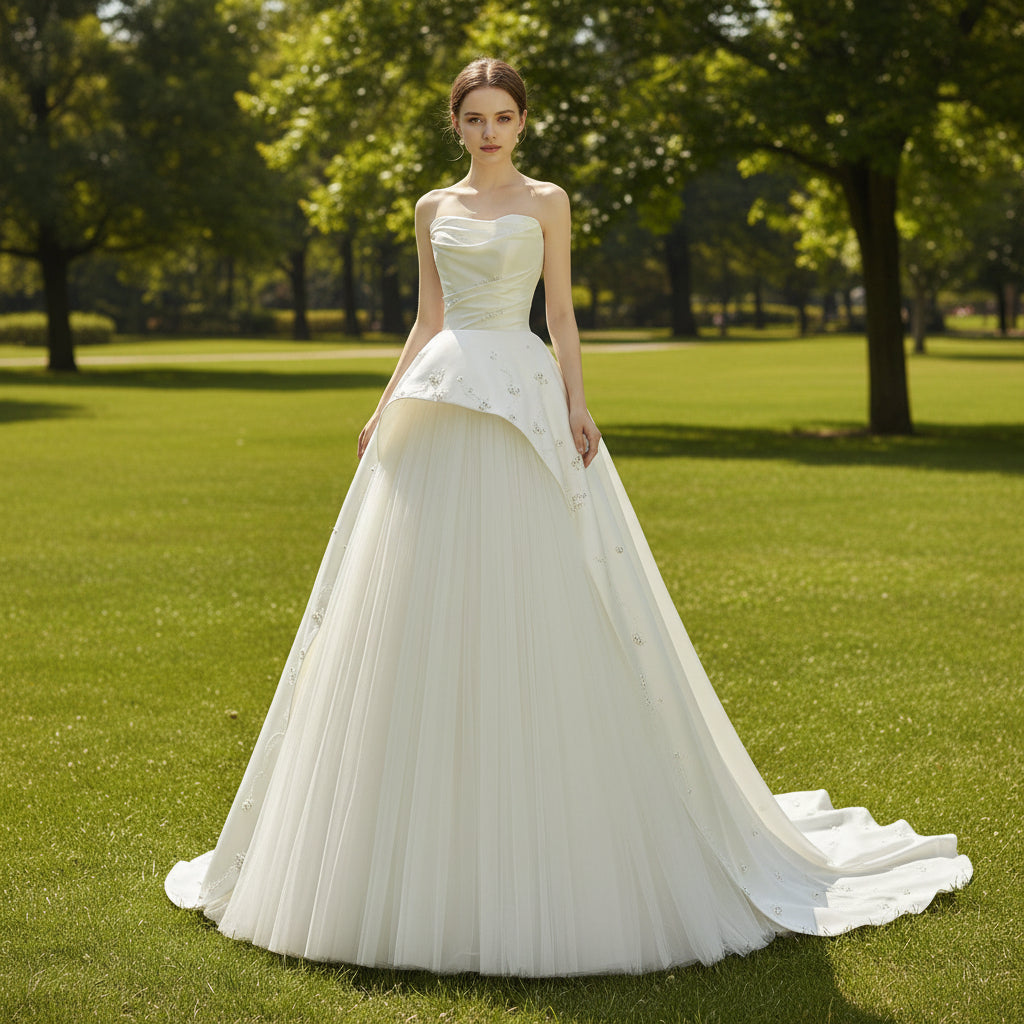 Curve Neck A-line Wedding Dresses Bridal Gowns with Pearls – Rosymae