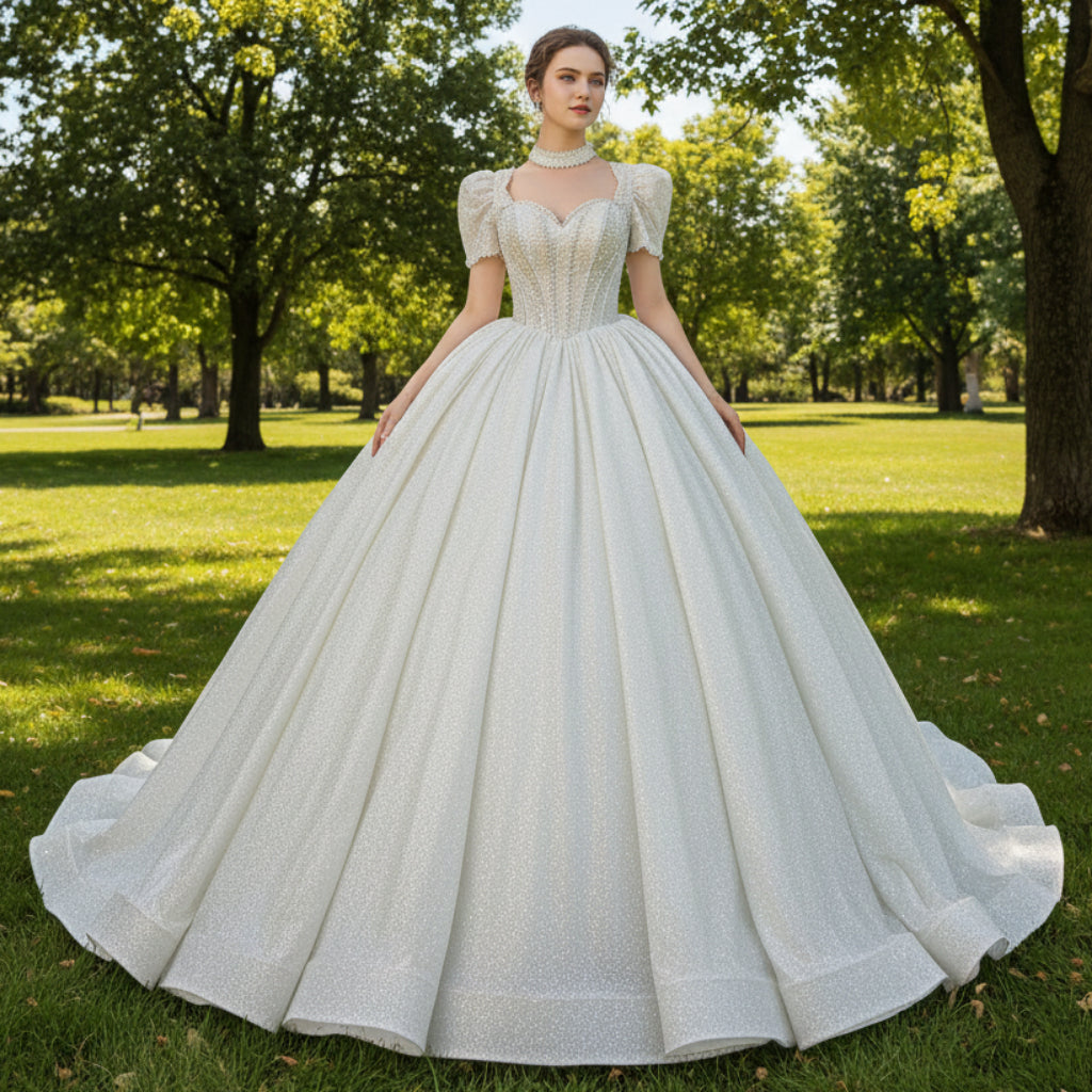 Queen-ann Neck Ball Gown Wedding Dress with Short Sleeve – Rosymae