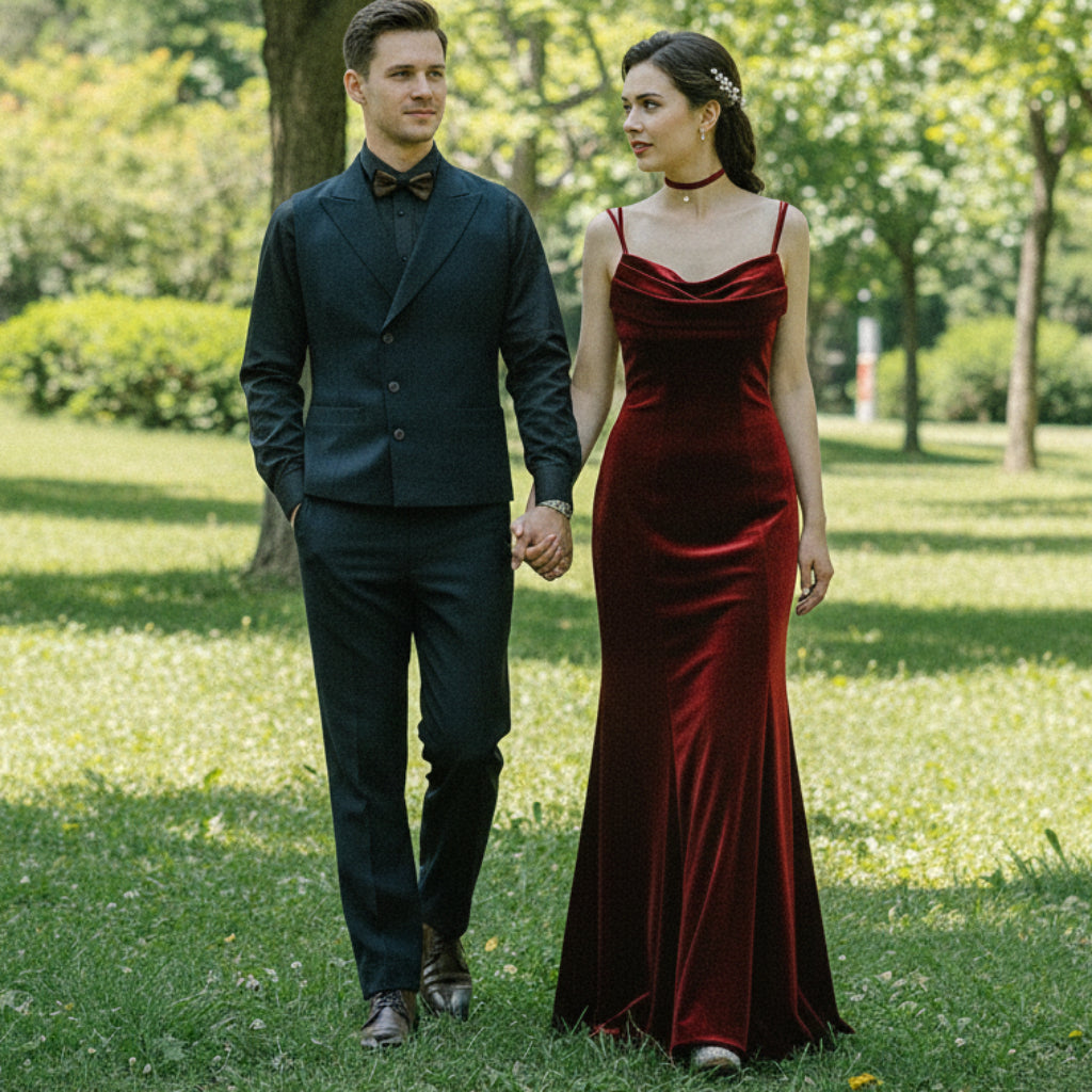 Dark Red Velvet Formal Gown Party Dress with Spaghetti Straps – Rosymae